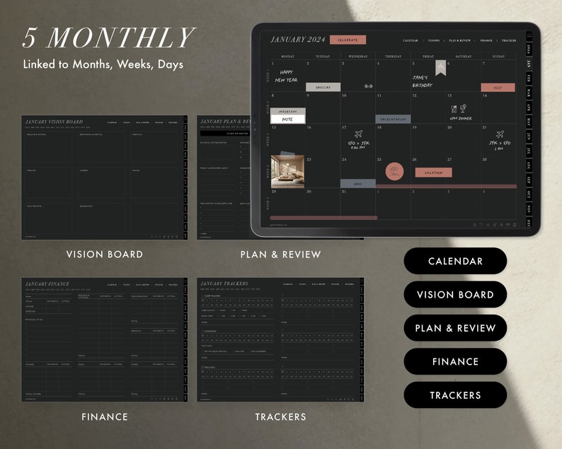 2024 Digital Planner Dark Mode Goodnotes Dated Life Planner Minimalist ...