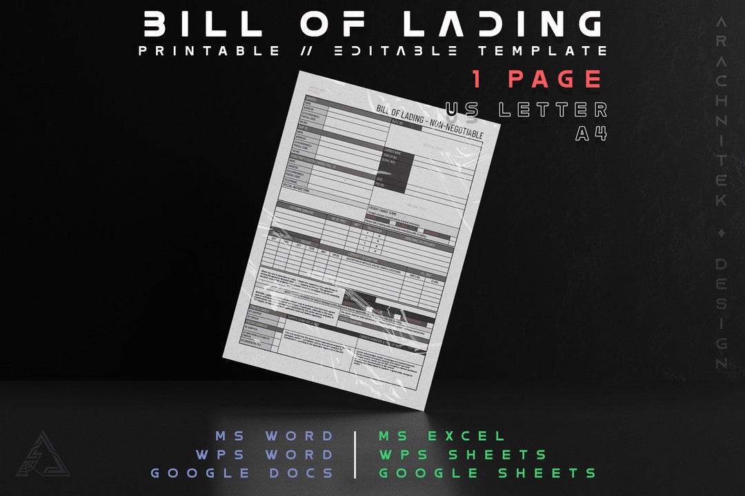 Bill of Lading Template 1 Page Printable Business Form Editable BOL BOL ...