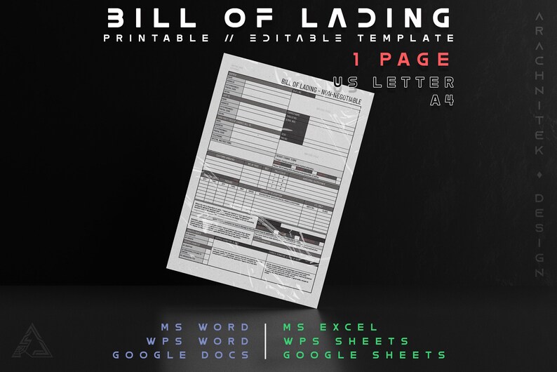 Bill of Lading Template 1 Page Printable Business Form Editable BOL BOL ...