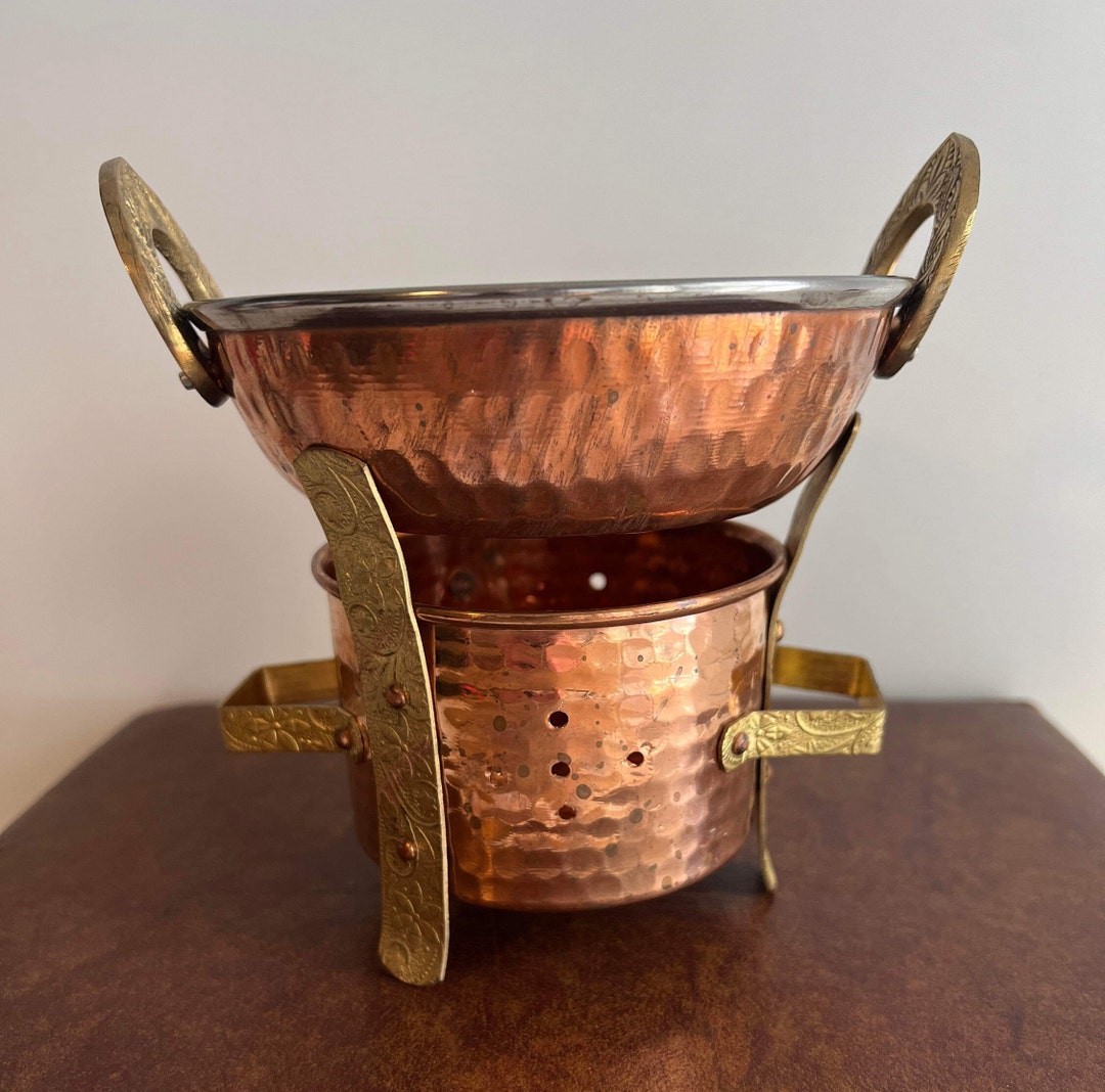 Copper Kadai & Sigri Set / Copper Brass Sigri Food Warmer / Massage Oil ...