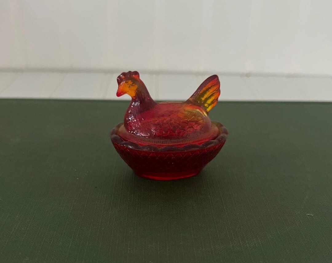 Vintage Amberina Glass Hen on Nest Salt Cellar Dish / Red Orange Yellow ...