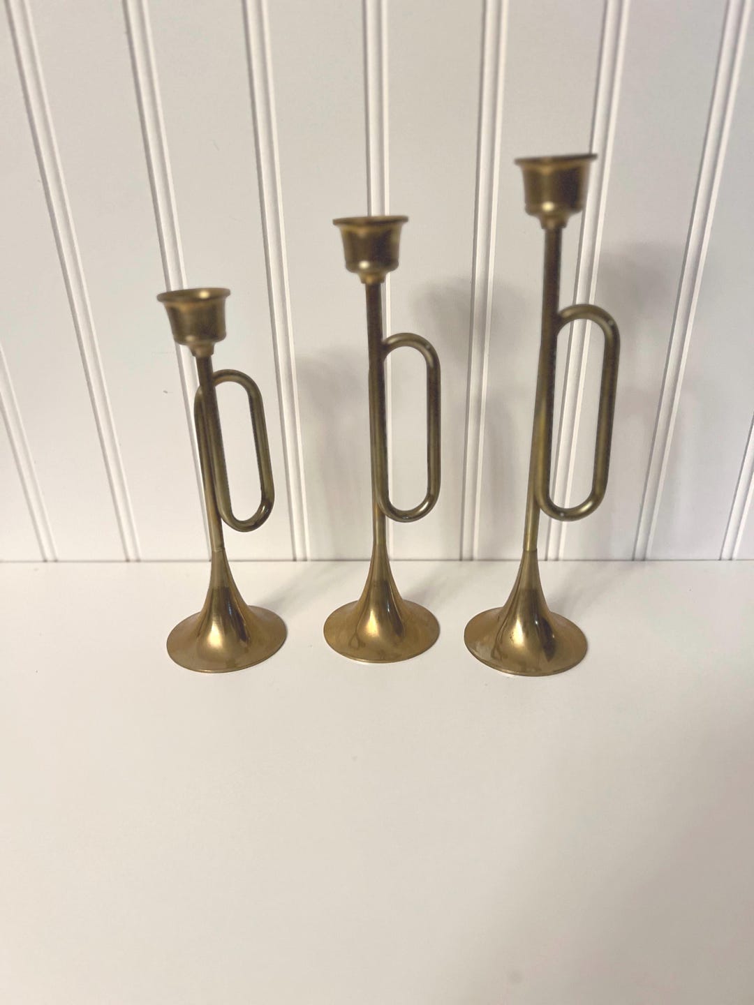 Vintage Set of 3 Graduated Brass Bugle Horn Taper Candle Holders ...