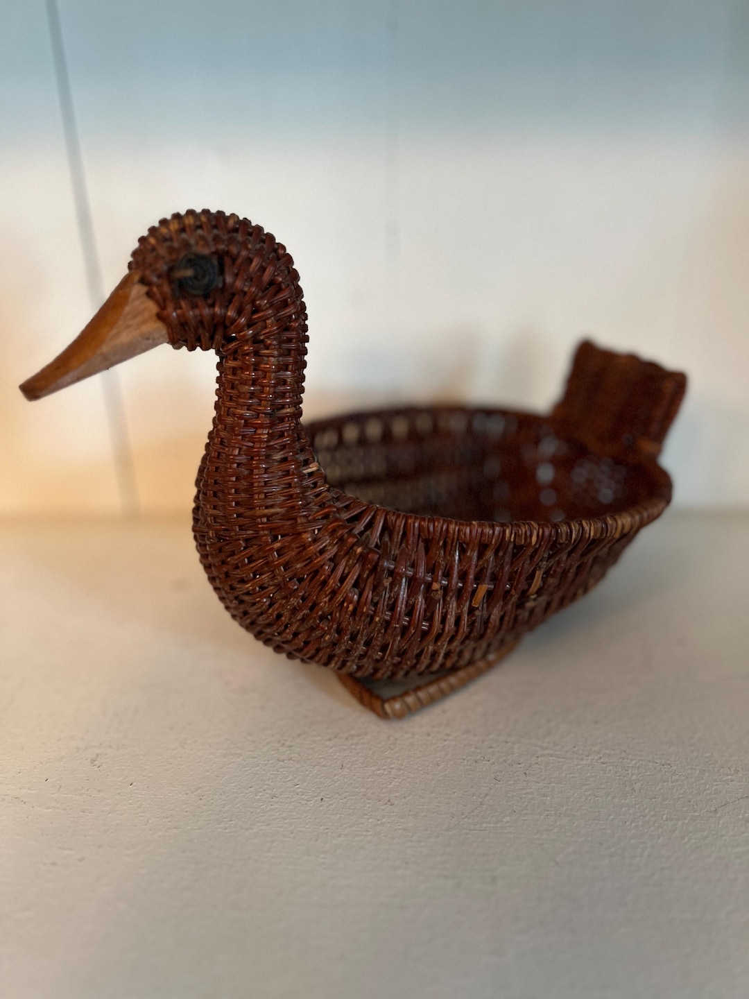Vintage Rattan Woven Duck Basket / Wicker Duck, With Wood Beak Basket ...