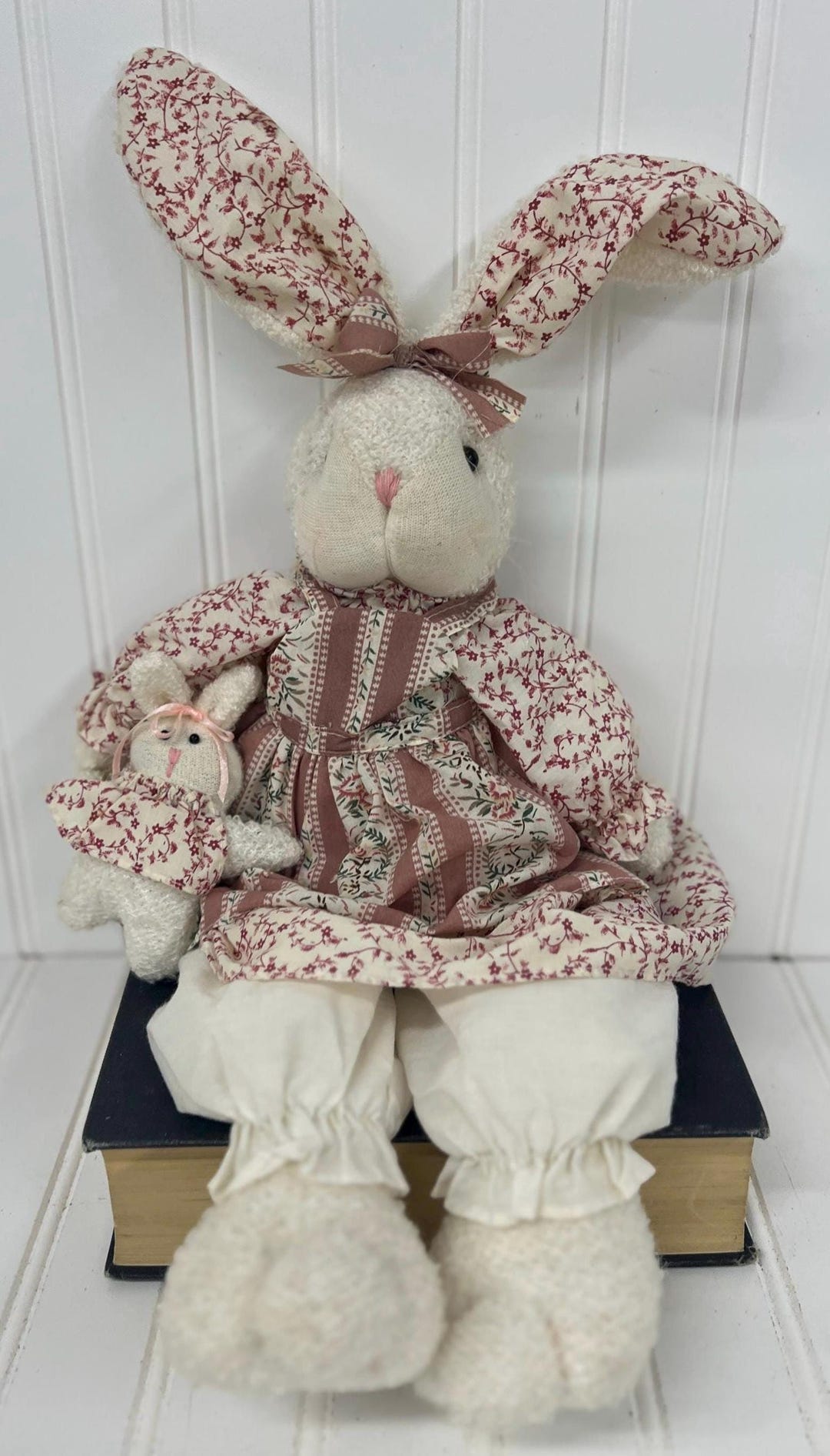 Vintage Plush Bunny Rabbit Holding Baby Bunny – Dressed in Floral Dress ...