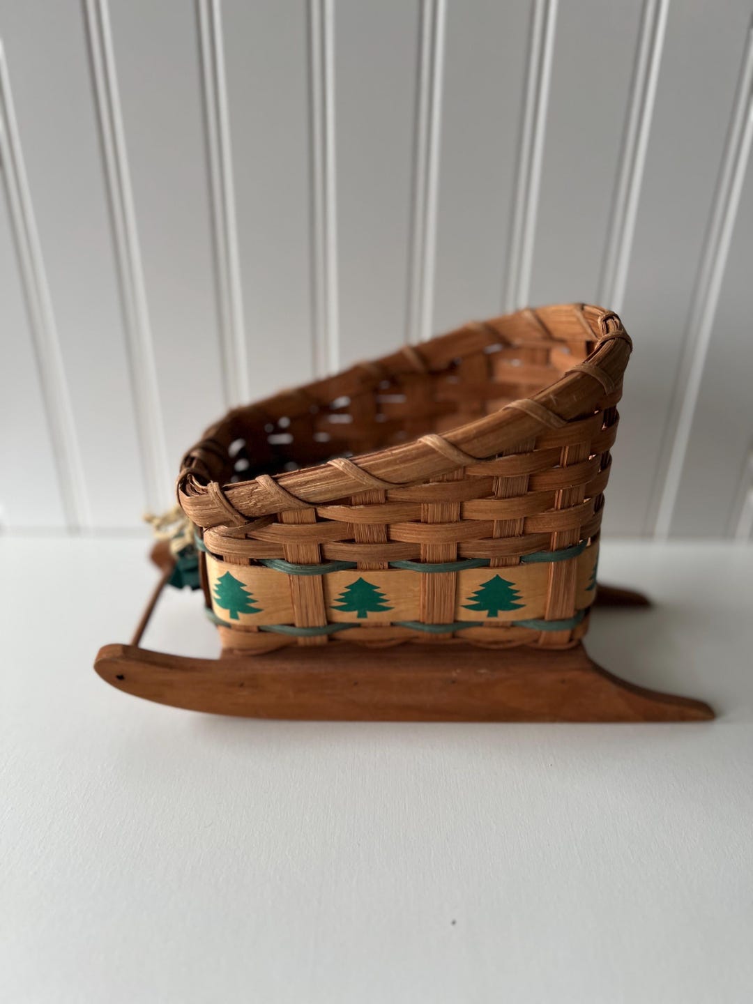 Vintage Wicker & Wood Sleigh With Green Trees / Rattan Sleigh / Sleigh ...