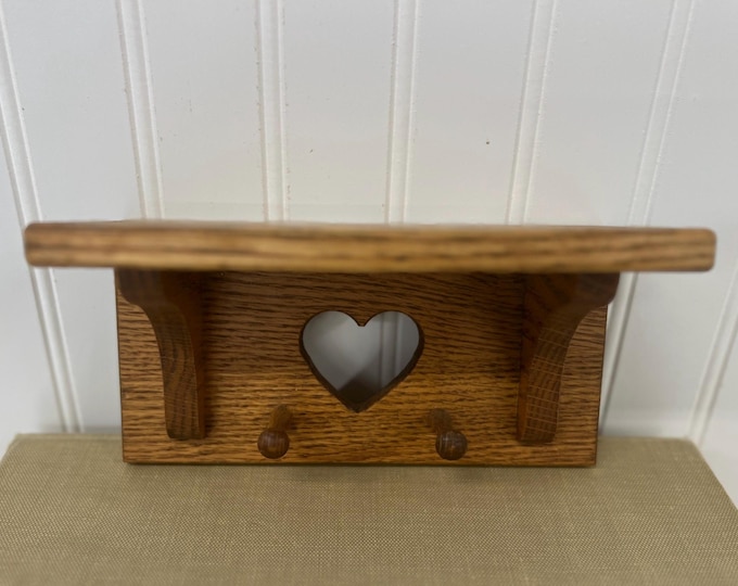 Vintage Oak Wall Shelf With Heart Cutout – Rustic Wooden Peg Rack ...