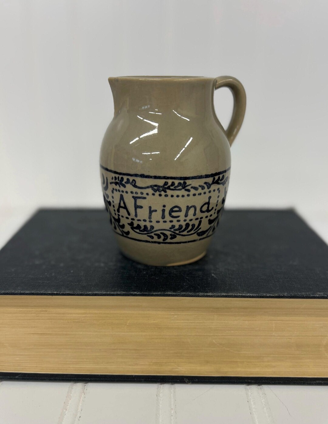 Vintage "a Friend" Pottery Creamer Pitcher - Blue Over Grey Pattern ...