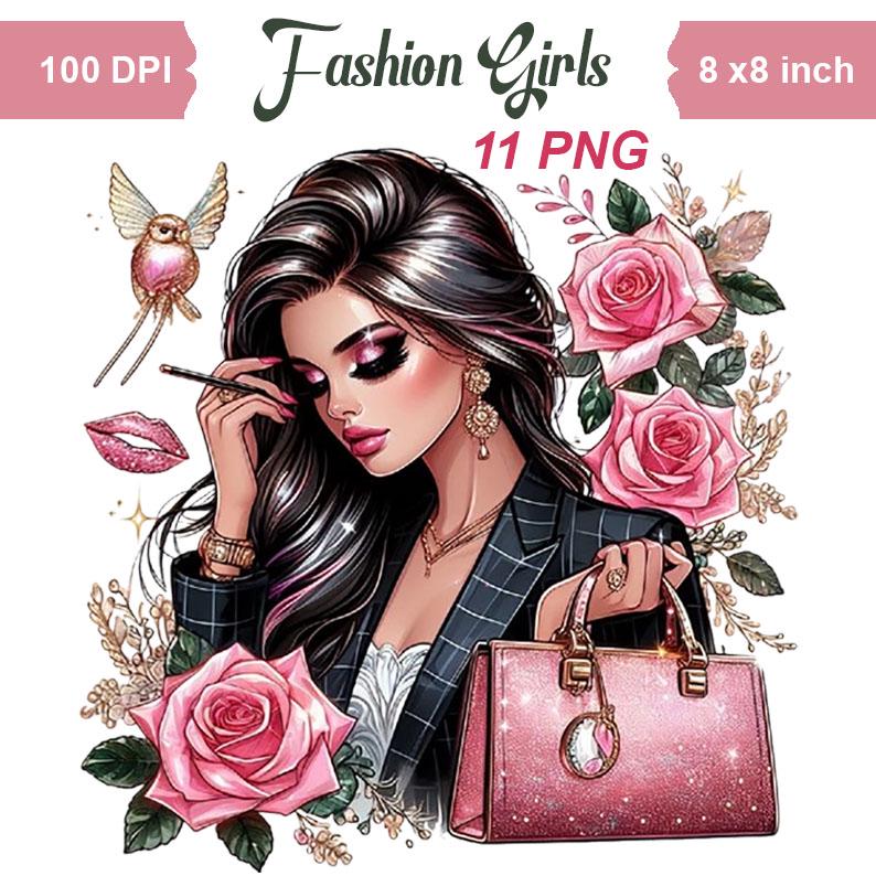 Fashion Girl Clipart Bundle: Glam Lady Illustrations, Handbag, Roses ...