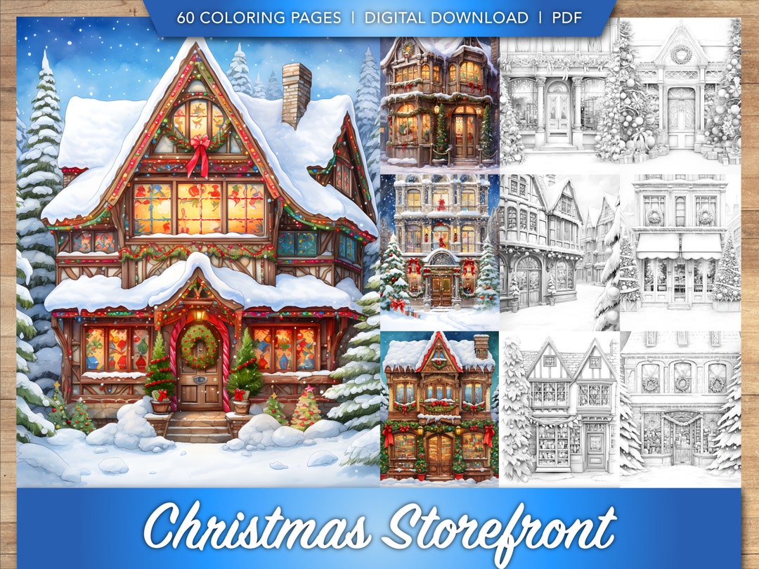 60 Christmas Storefront Coloring Book Collection | Winter Holiday Store ...