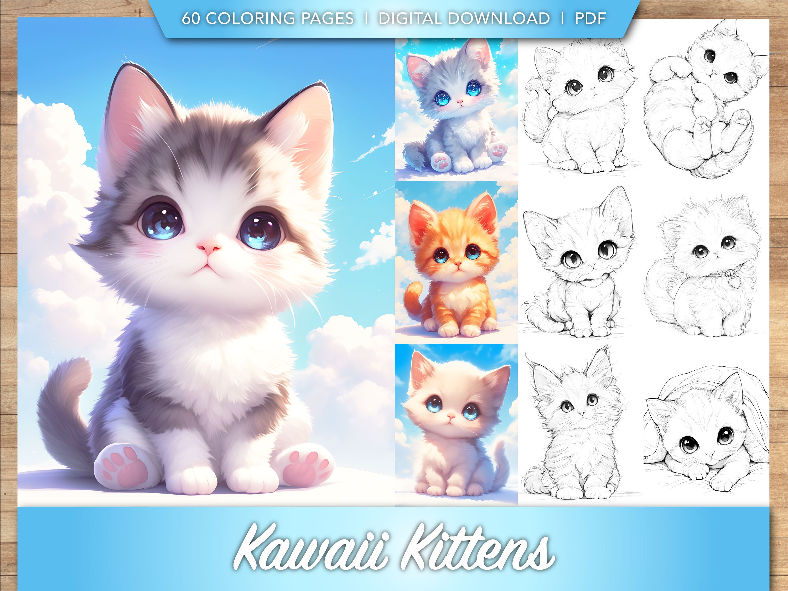 60 Kawaii Kittens Coloring Book Collection Cute Adorable Baby Cats ...