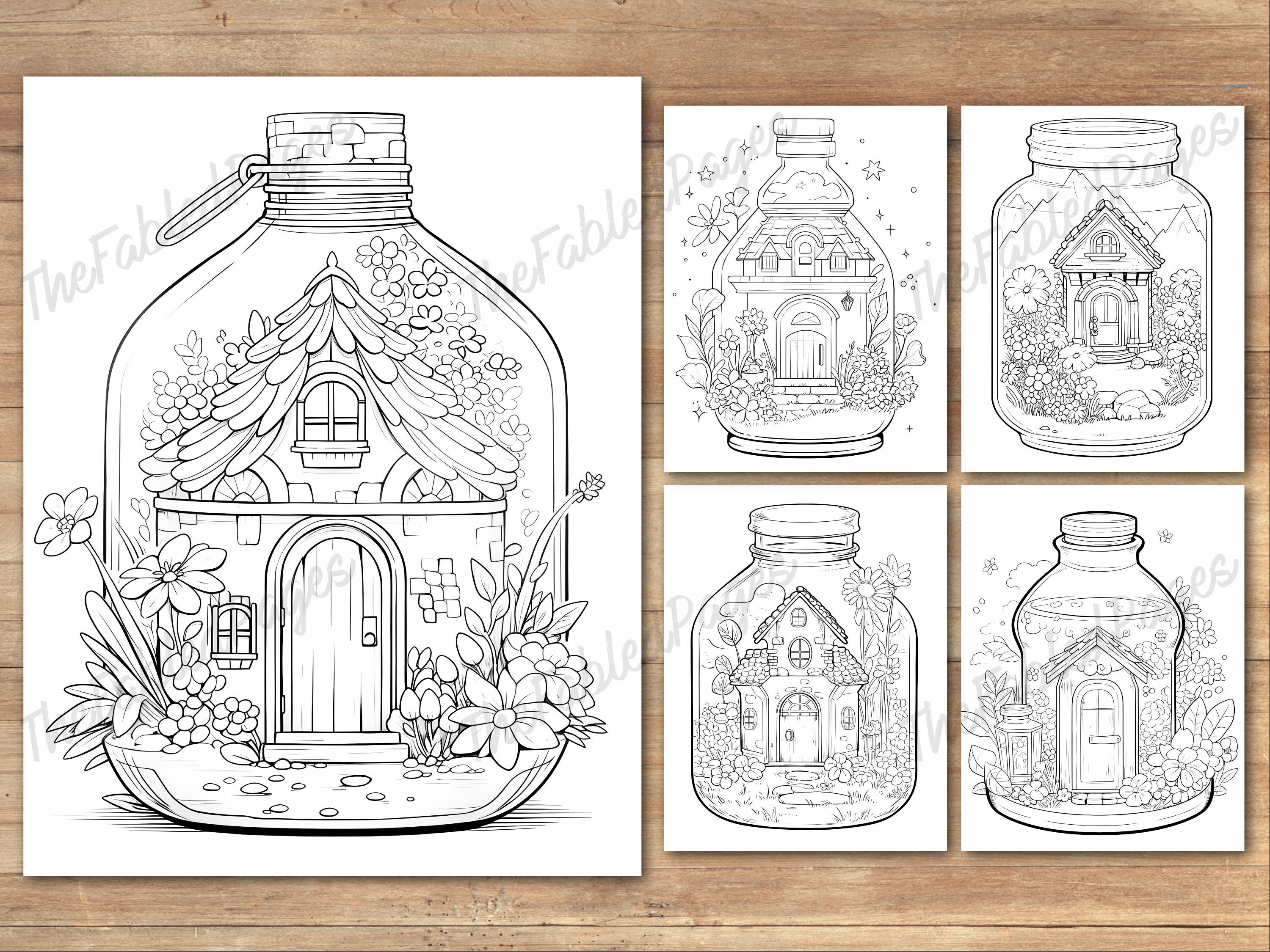 60 Fairy House in A Jar Coloring Book Collection Woodland Cottage Home ...