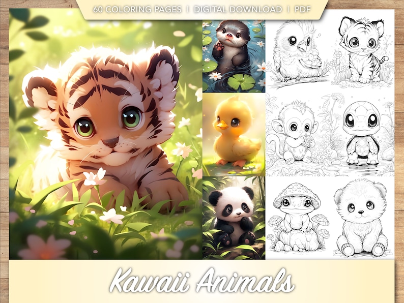 60 Kawaii Animals Coloring Book Collection Cute Adorable Chibi Animals ...