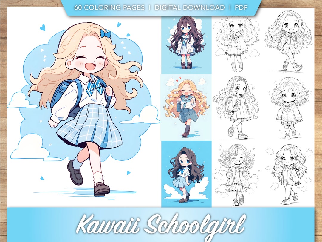 60 Kawaii School Girl Coloring Book Collection | Cute Chibi Student ...