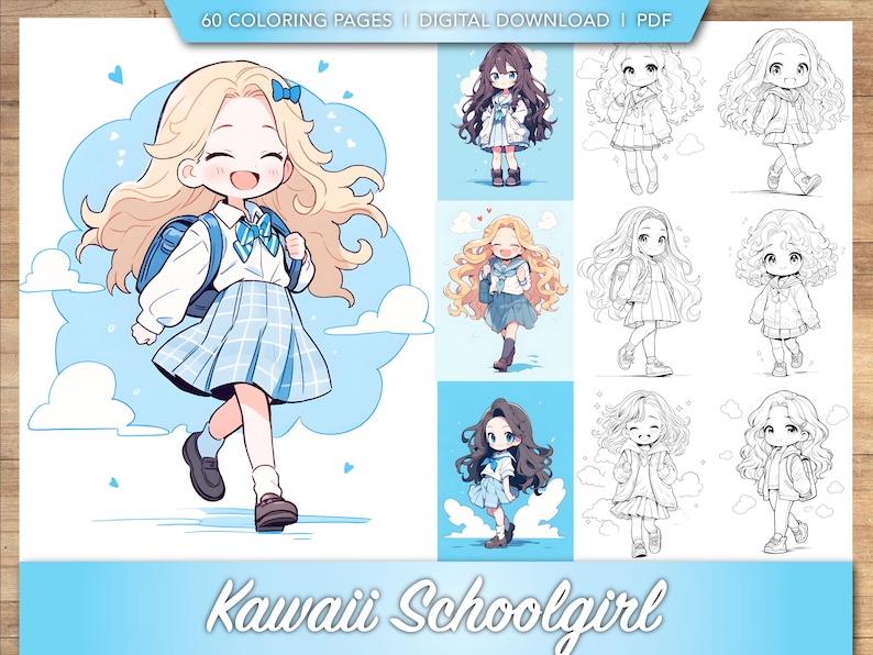 60 Kawaii School Girl Coloring Book Collection | Cute Chibi Student ...