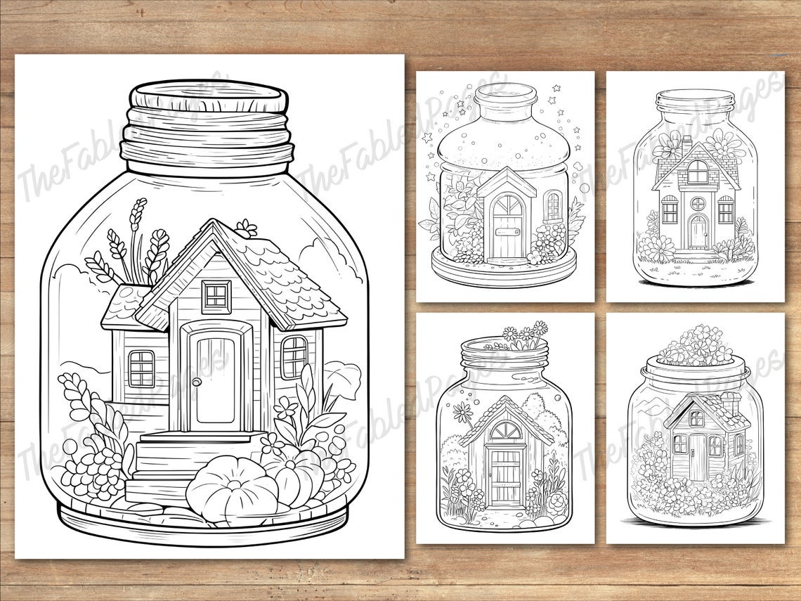 60 Fairy House in A Jar Coloring Book Collection Woodland Cottage Home ...