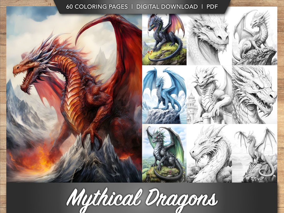 60 Mythical Dragons Coloring Book Collection | Fantasy Dragon Creature ...