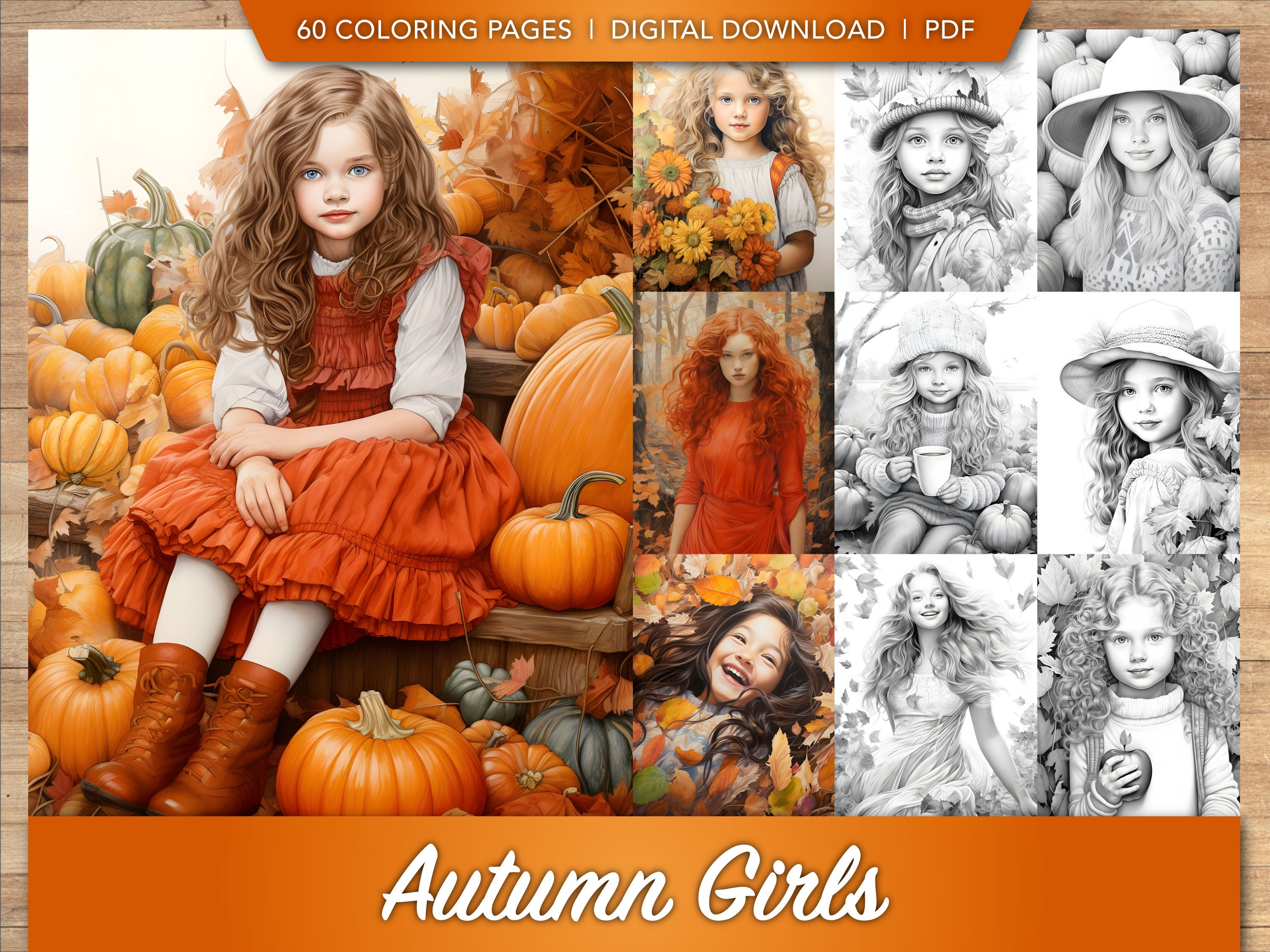60 Autumn Girls Coloring Book Collection Fall Inspired Portrait ...