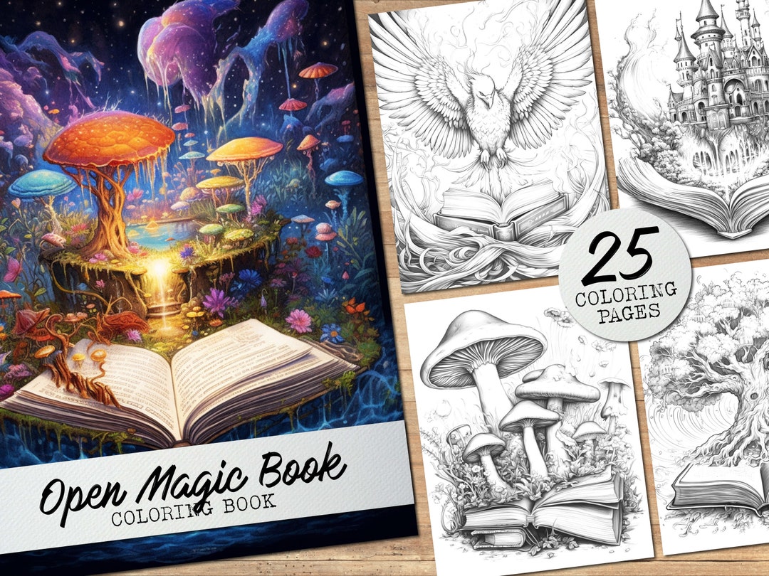 Open Magic Book Coloring Book Collection | 25 Magical Book Greyscale ...