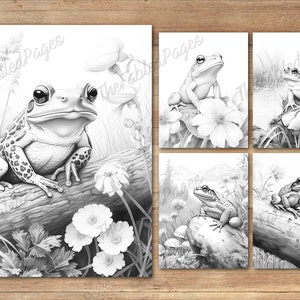 60 Cottagecore Frogs Coloring Book Collection | Frog Greyscale Coloring ...