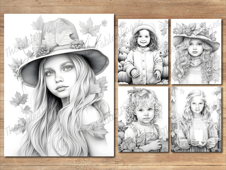 60 Autumn Girls Coloring Book Collection Fall Inspired Portrait ...