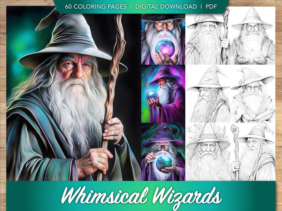 60 Whimsical Wizards Coloring Book Collection | Fantasy Sorcerer ...