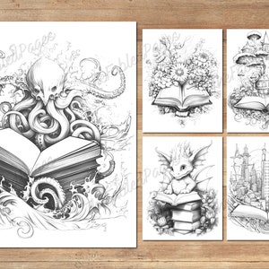 Open Magic Book Coloring Book Collection | 25 Magical Book Greyscale ...