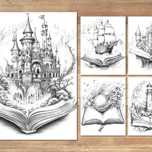 Open Magic Book Coloring Book Collection | 25 Magical Book Greyscale ...