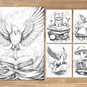 Open Magic Book Coloring Book Collection | 25 Magical Book Greyscale ...