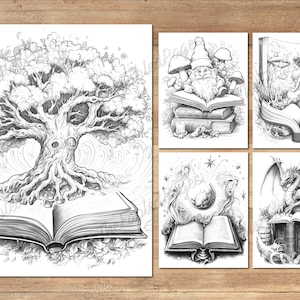 Open Magic Book Coloring Book Collection | 25 Magical Book Greyscale ...