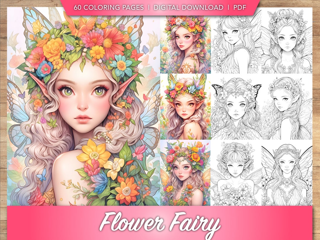 60 Flower Fairy Coloring Book Collection | Cute Blooming Fairies ...
