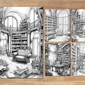 Enchanted Library Coloring Book Collection | 25 Magic Library Greyscale ...