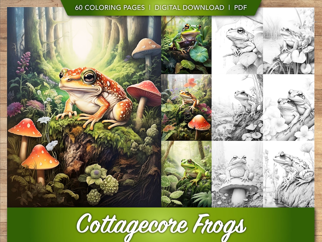 60 Cottagecore Frogs Coloring Book Collection | Frog Greyscale Coloring ...