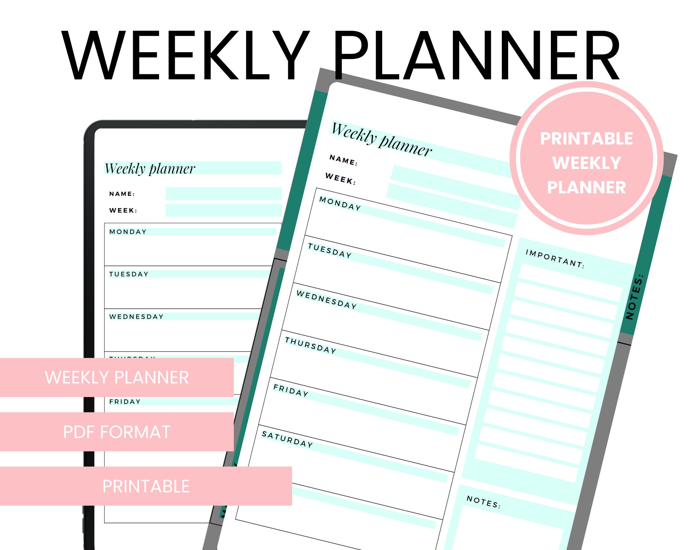 Mint Weekly Planner Printable PDF for Stylish Organization - Etsy