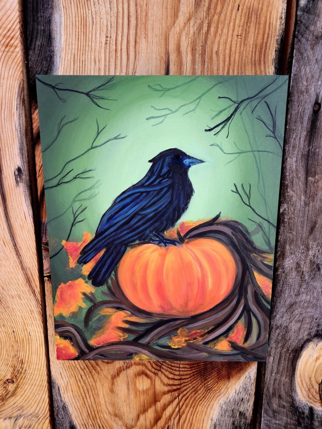 Crow and Pumpkin Original Acrylic Painting - Halloween Decor - Etsy