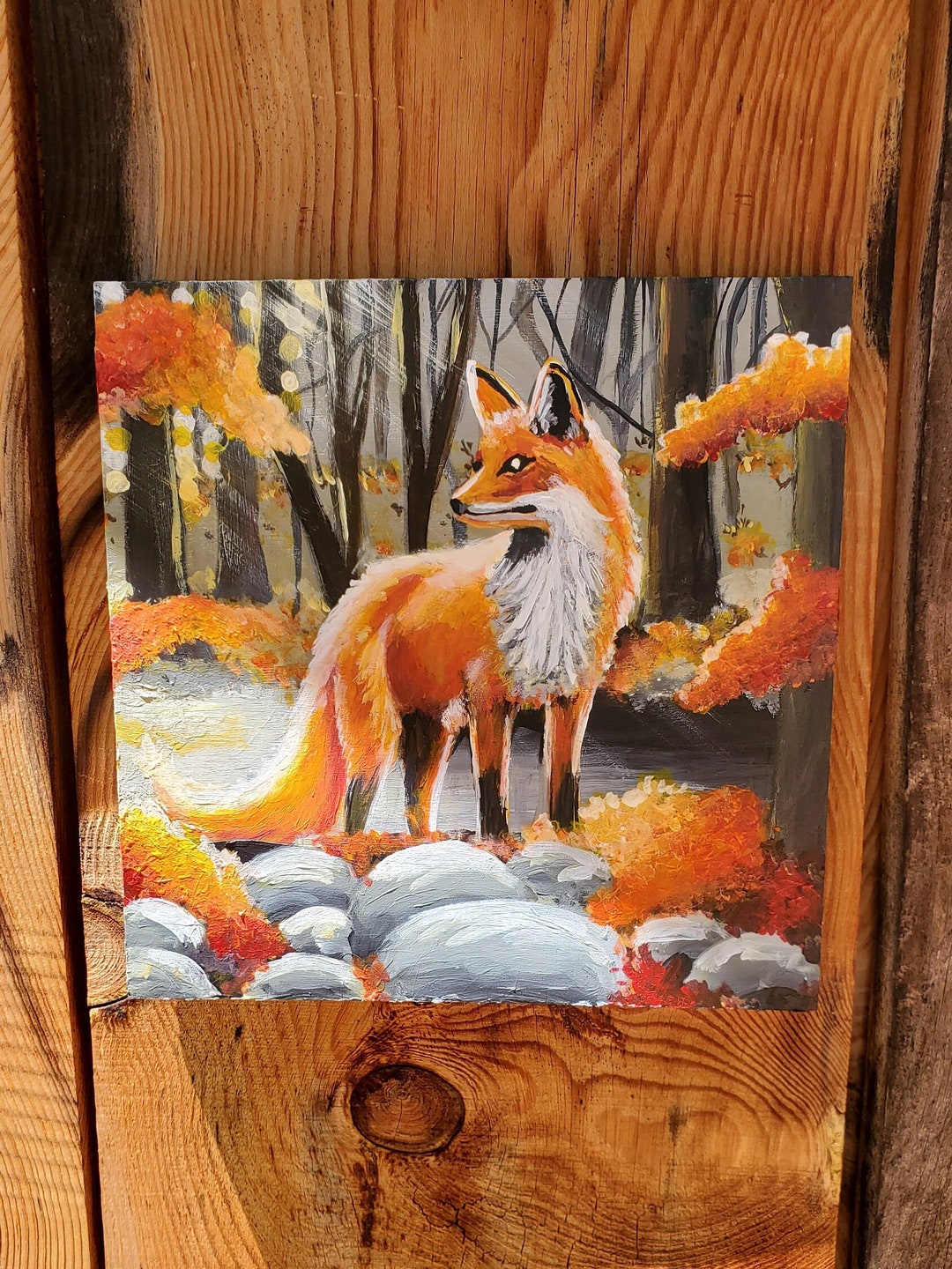 Red Fox Acrylic Painting: Autumn Forest Scene on Wood Panel (10x10) - Etsy