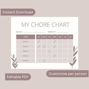 Simple Editable Printable Chore Chart for Kids Chores and Organization ...