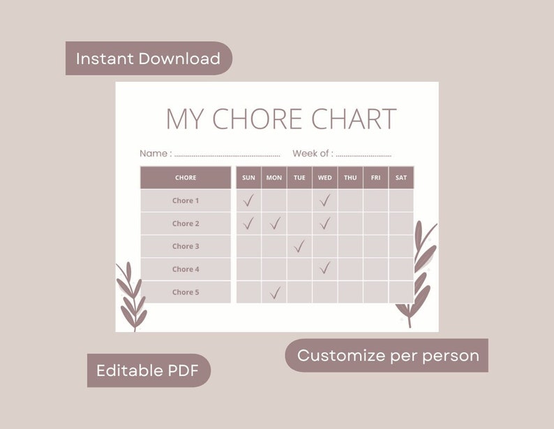 Simple Editable Printable Chore Chart for Kids Chores and Organization ...