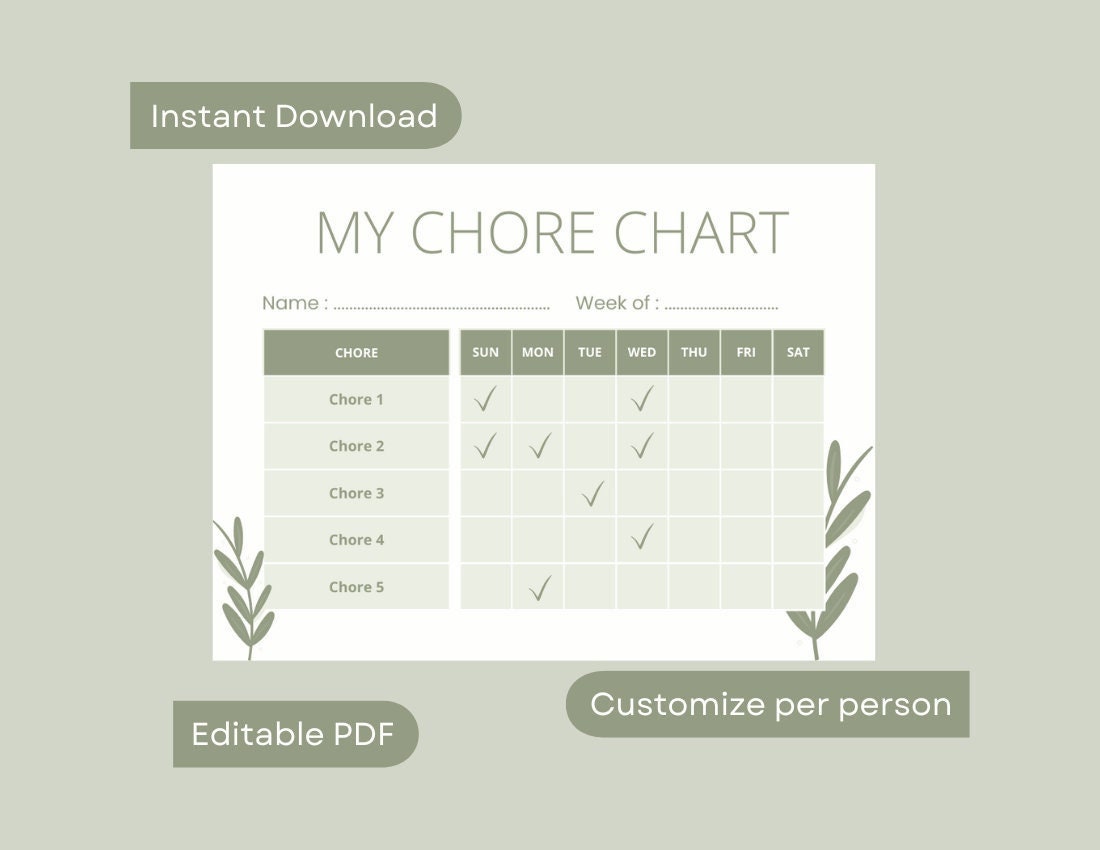 Simple Editable Printable Chore Chart for Kids Chores and Organization ...