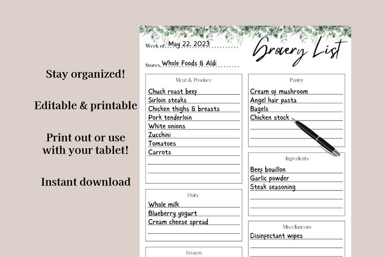 Greenery Grocery List, Printable, Editable, Weekly Organization - Etsy