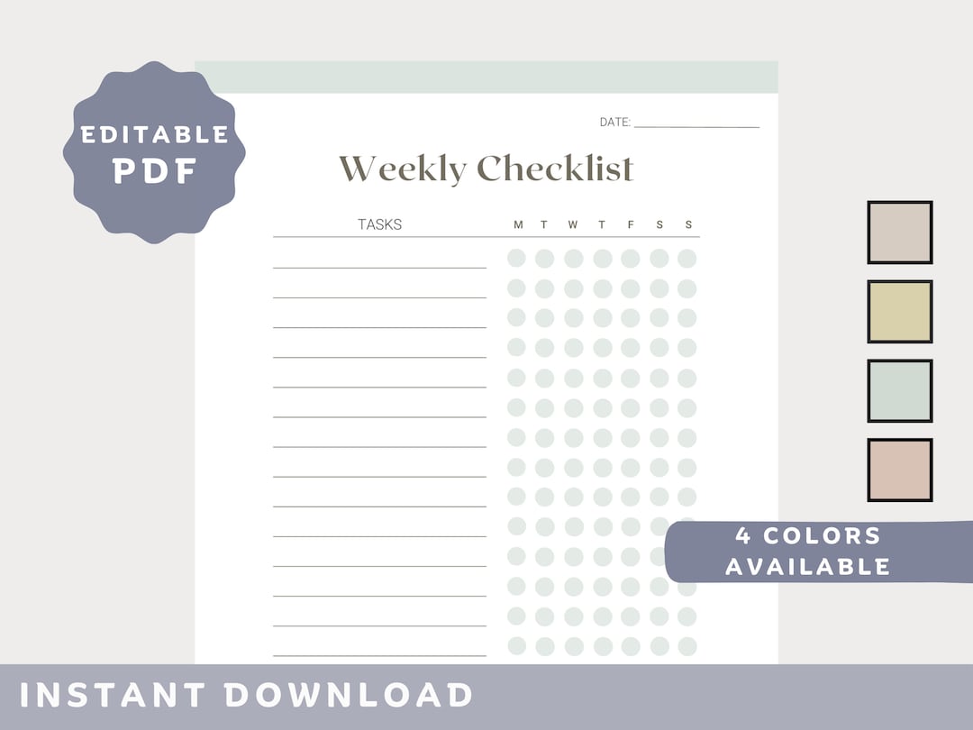 Weekly Checklist Printable Editable Weekly Checklist to Do - Etsy