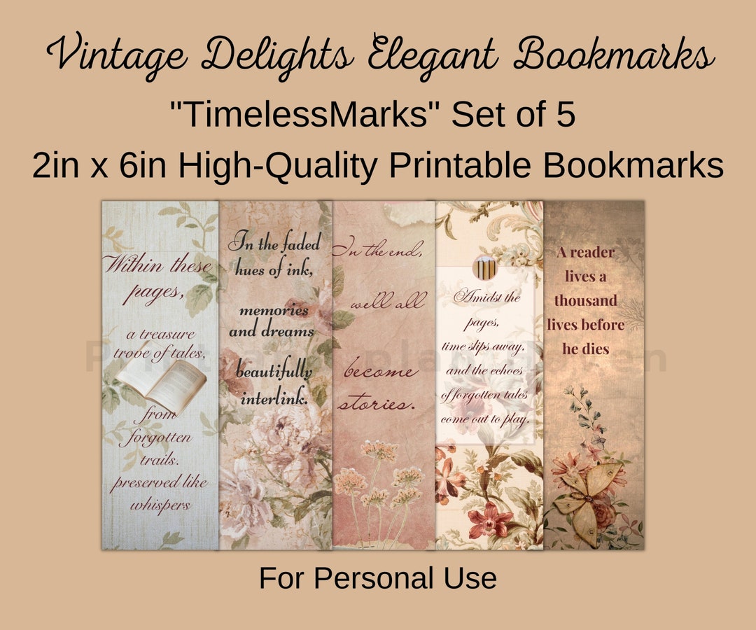Printable Bookmark Bundle, Set of 5 Timeless Bookmarks, Classic, Floral ...