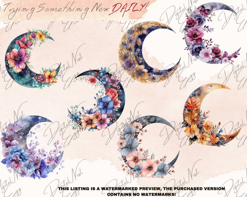 20 Enchanting Watercolor Style Floral Moon Clipart Bundle, Colorful ...