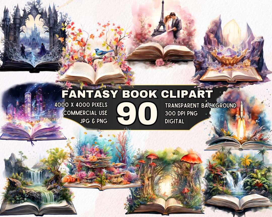 90 PNG Watercolor Fantasy Magic Books Clipart Book Bundle PNG, Open ...