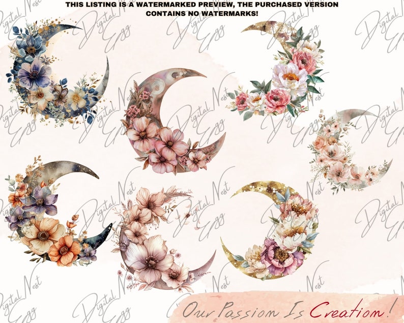 20 Enchanting Watercolor Style Floral Moon Clipart Bundle, Colorful ...