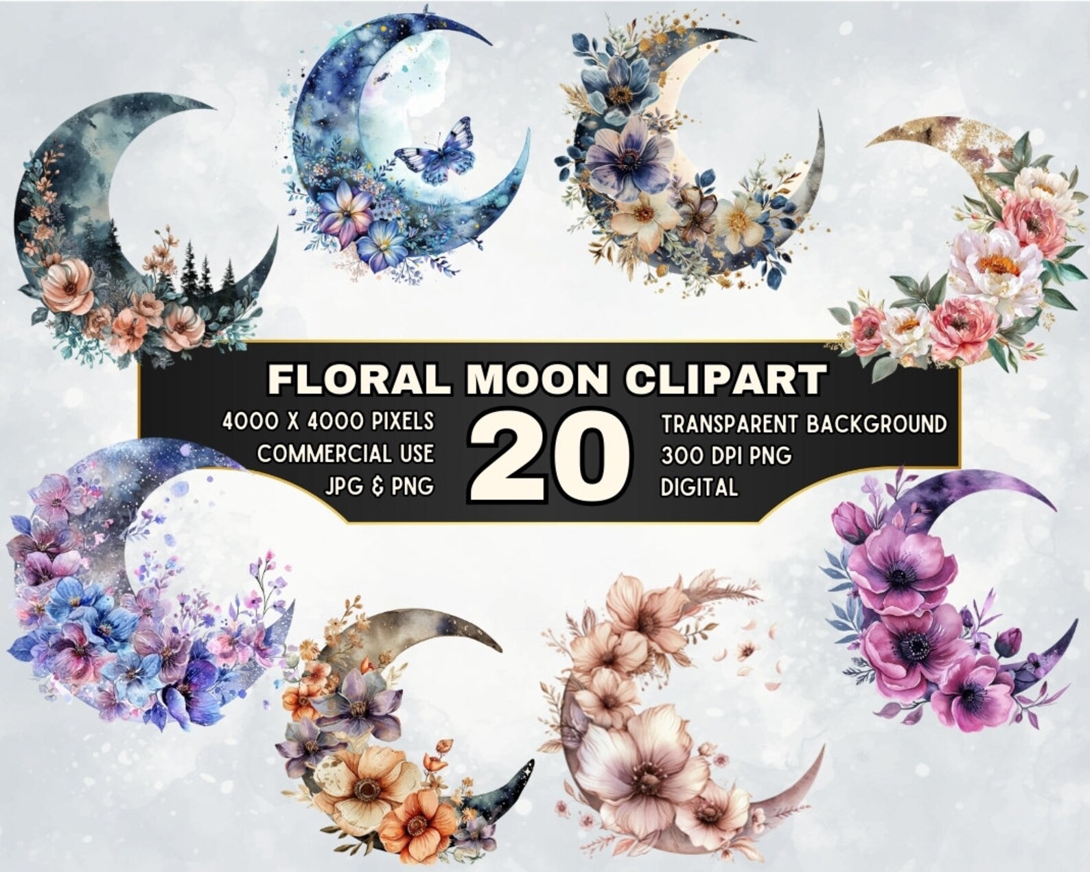 20 Enchanting Watercolor Style Floral Moon Clipart Bundle, Colorful ...