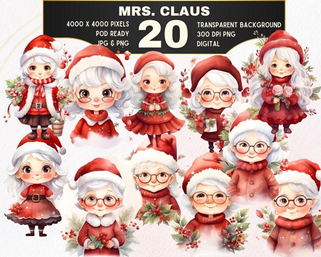 Watercolor Christmas Mrs Claus Clipart Graphic 21 Set,holiday Clip Art ...