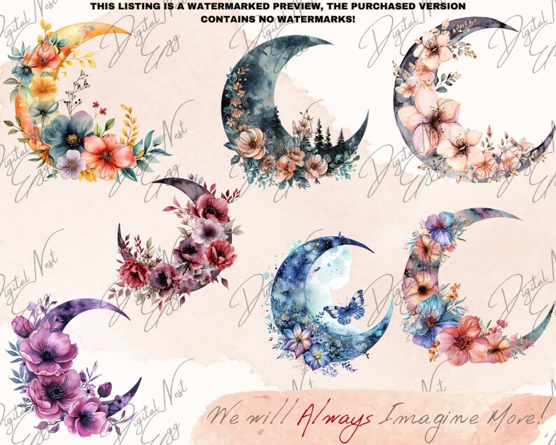 20 Enchanting Watercolor Style Floral Moon Clipart Bundle, Colorful ...