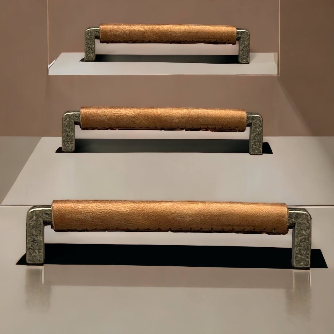 Hand-stitched Crazy Horse Leather Drawer Pulls: Antique Brass Cabinet ...