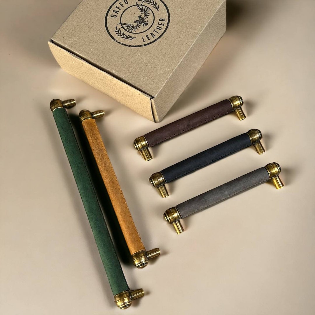 Hand-stitched Crazy Horse Leather Drawer Pull: Antique Brass Hardware ...