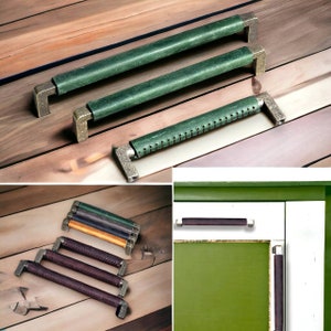 Hand-stitched Crazy Horse Leather Drawer Pulls: Antique Brass Hardware ...